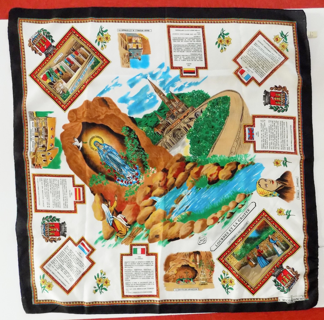 1960s-70s Lourdes Grotto Souvenir Scarf, Made in Paris, Italian ...