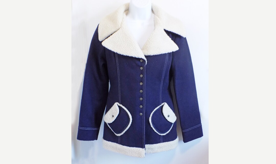 1970s Wool Navy Blue Jacket With Fake Sheepskin Fleece by Milly of New ...