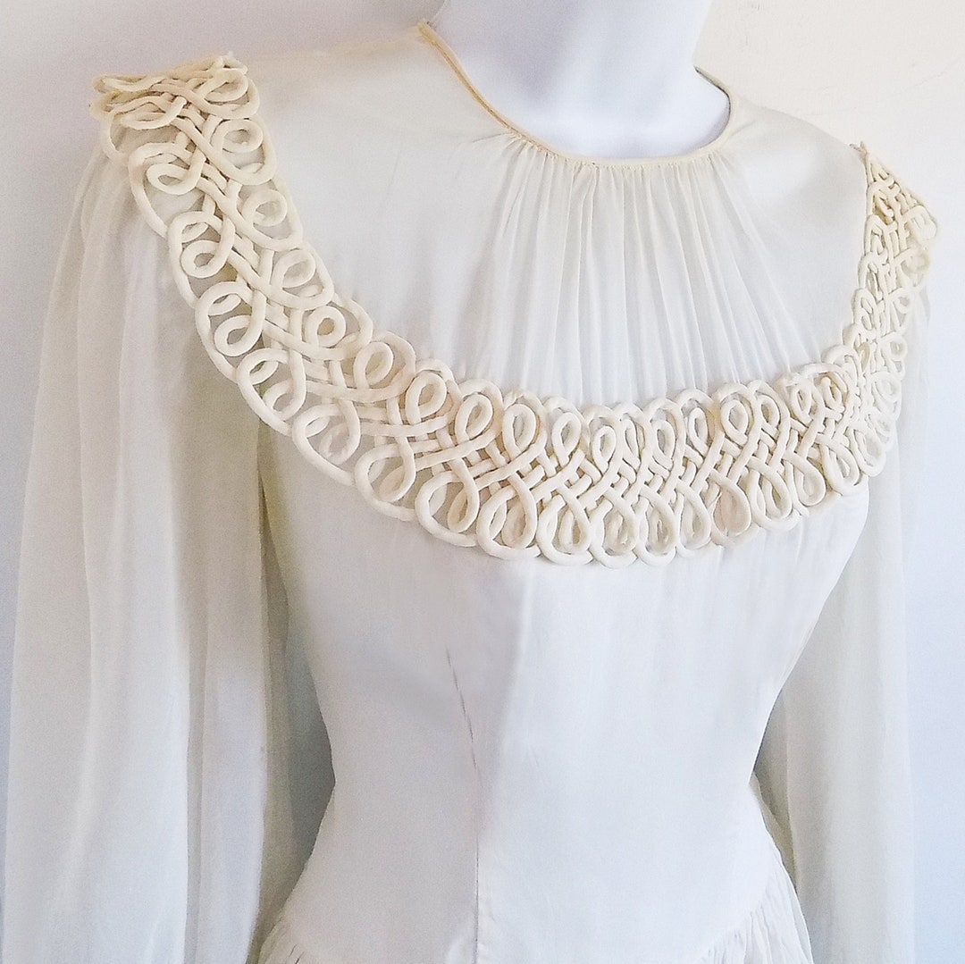 1930s Sheer Ivory Dress With Satin Inner Slip, Voluminous Sleeves, Hook ...