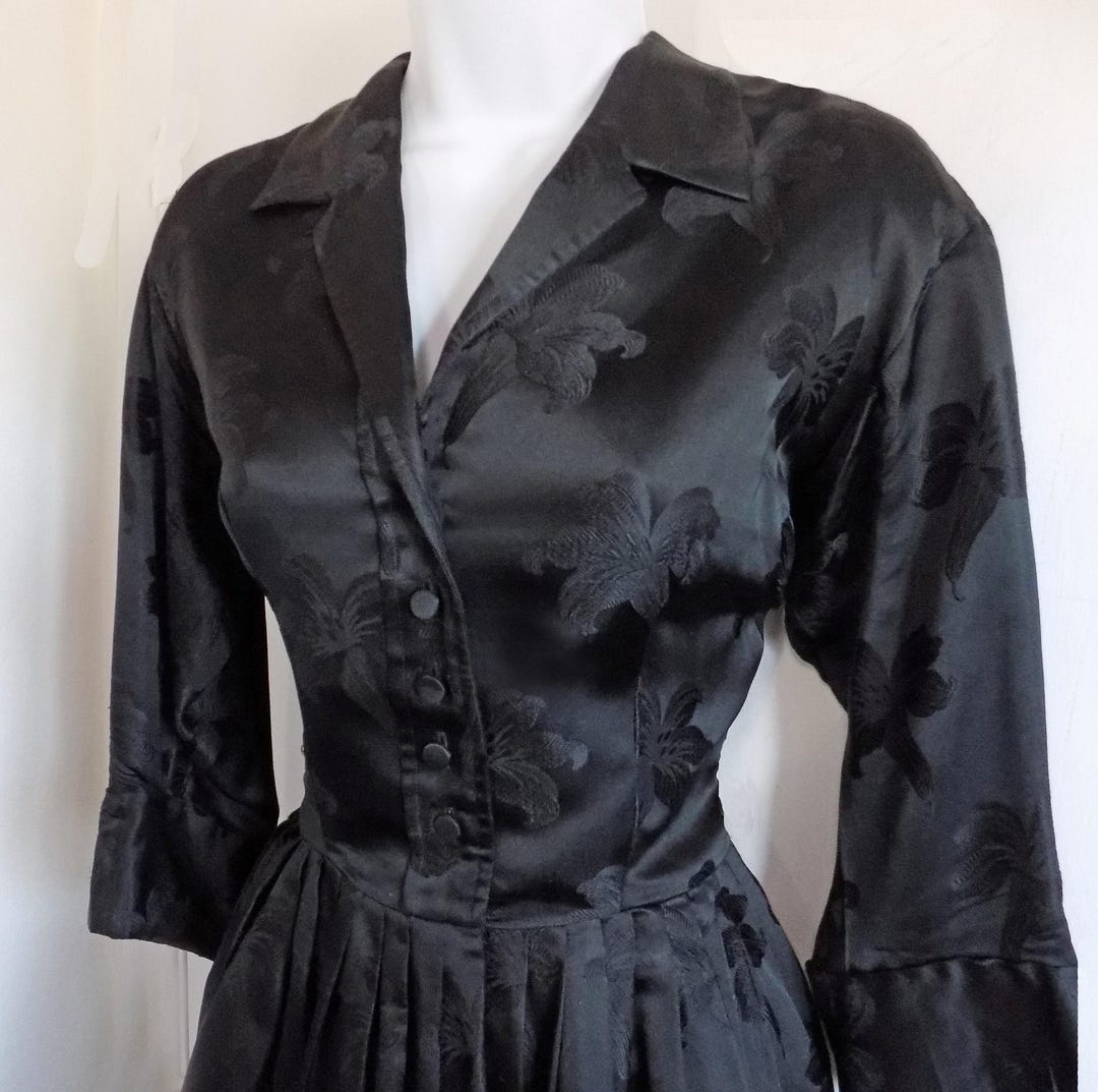 1950s Demure Black Silk Party Dress With Floral Pattern , Full Skirt ...