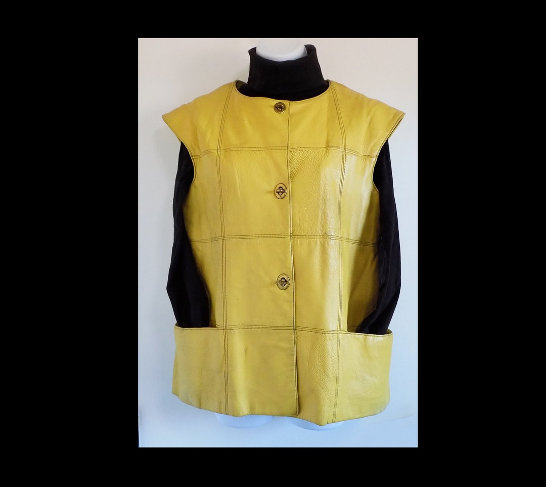 Rare 1950s-60s Yellow Leather Vest With Large Pockets, Lined, Metal ...