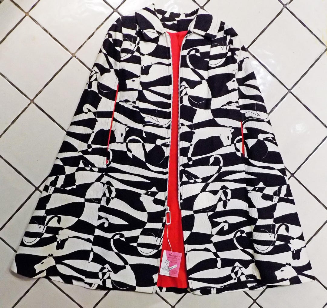 1960s OP-ART Mod Cape With Red Lining and Interior Pockets. Pattern Has ...