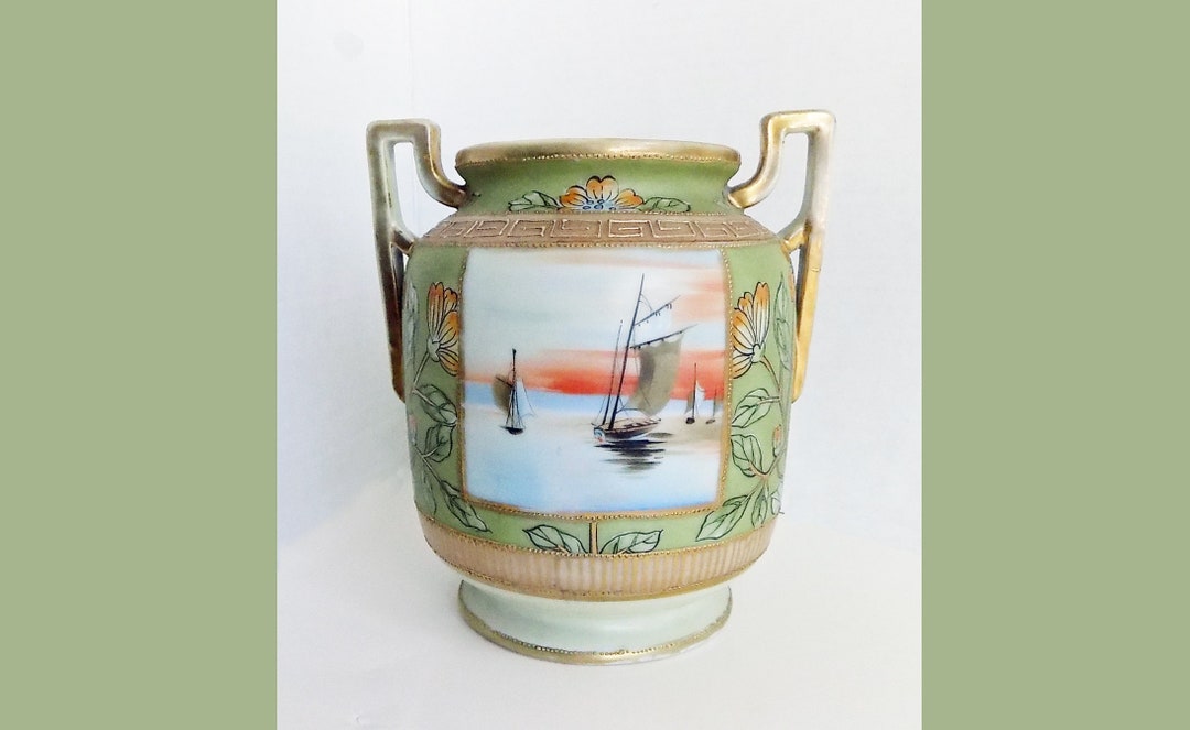 1910 Art Nouveau Nippon Beaded Porcelain Vase, Hand Painted, Poppies ...