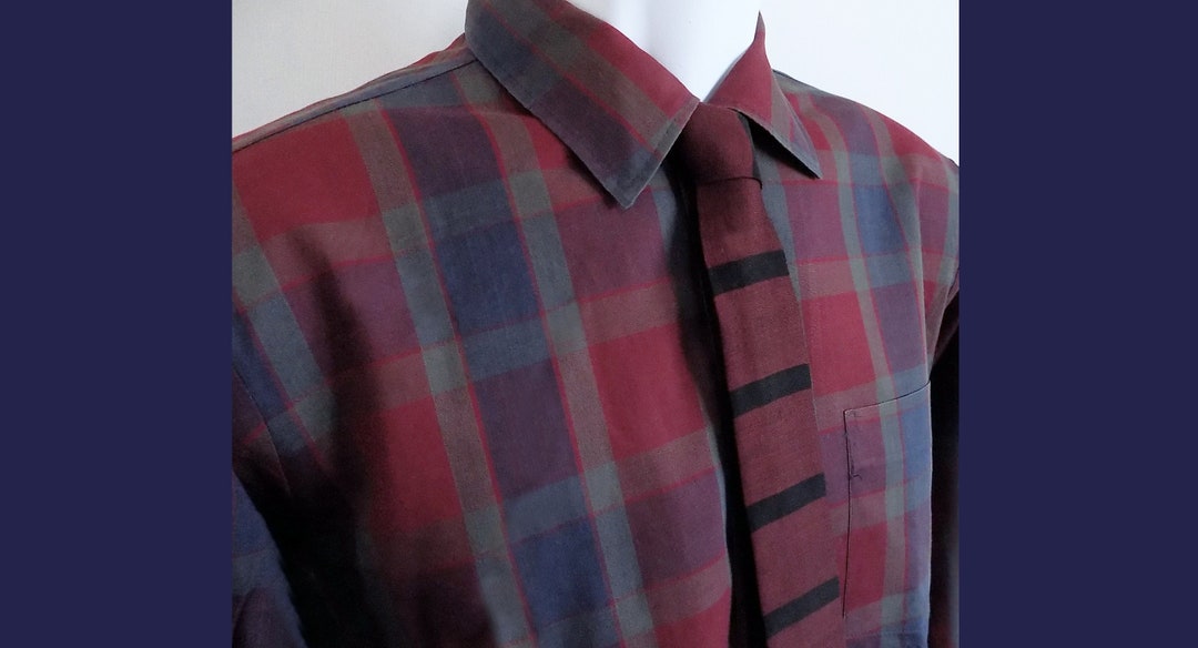 1950s-60s ARROW King Cotton Loop Collar Shirt / Long Sleeved / 15.5 Collar / M / Red and Blue ...