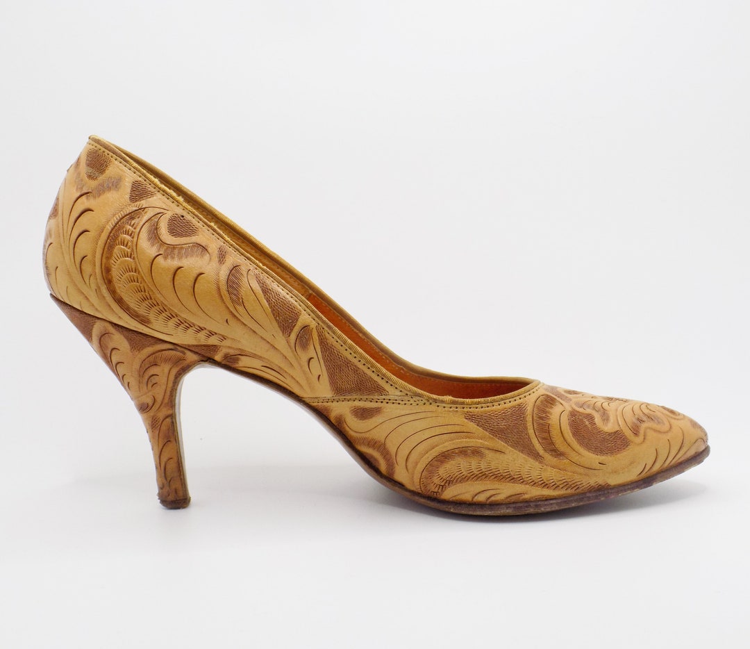 1950s-60s Tooled Leather High Heels, Shoes, Women's, Brown, Size 8 ...