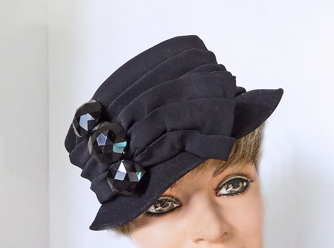 1930s-50s Slouch Hat / Wool / Elastic Band / Size 22 / With Black Glass ...