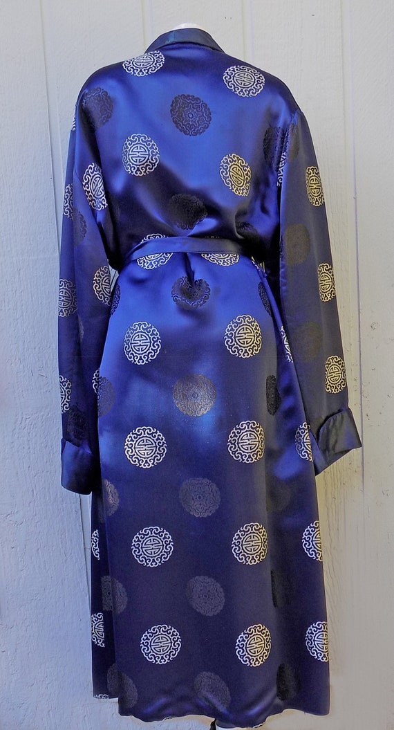 60s Chinese Satin Lounging Robe Deep Blue Extravagance - Gem
