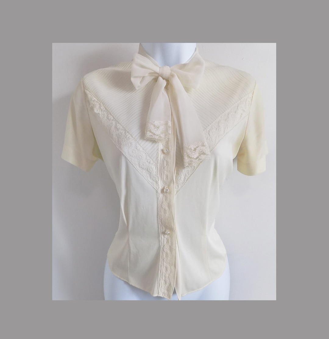 1940s-50s Demure Cream Nylon Lacey Blouse With Tie That is Perfect for ...