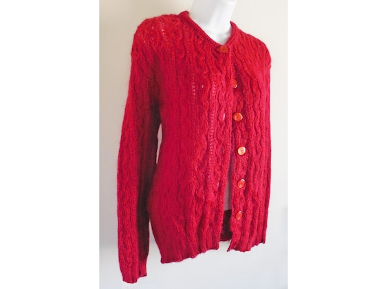 1950s CLASSIC red wool cardigan! Cable stitch /Donna … - Gem