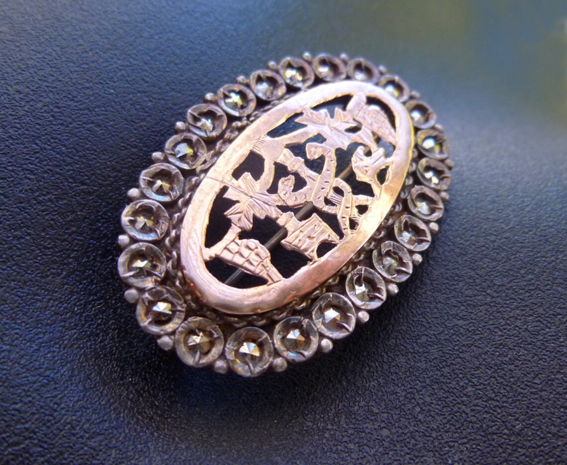 Antique Silver 10k Gold and Marquesite Brooch | Etsy