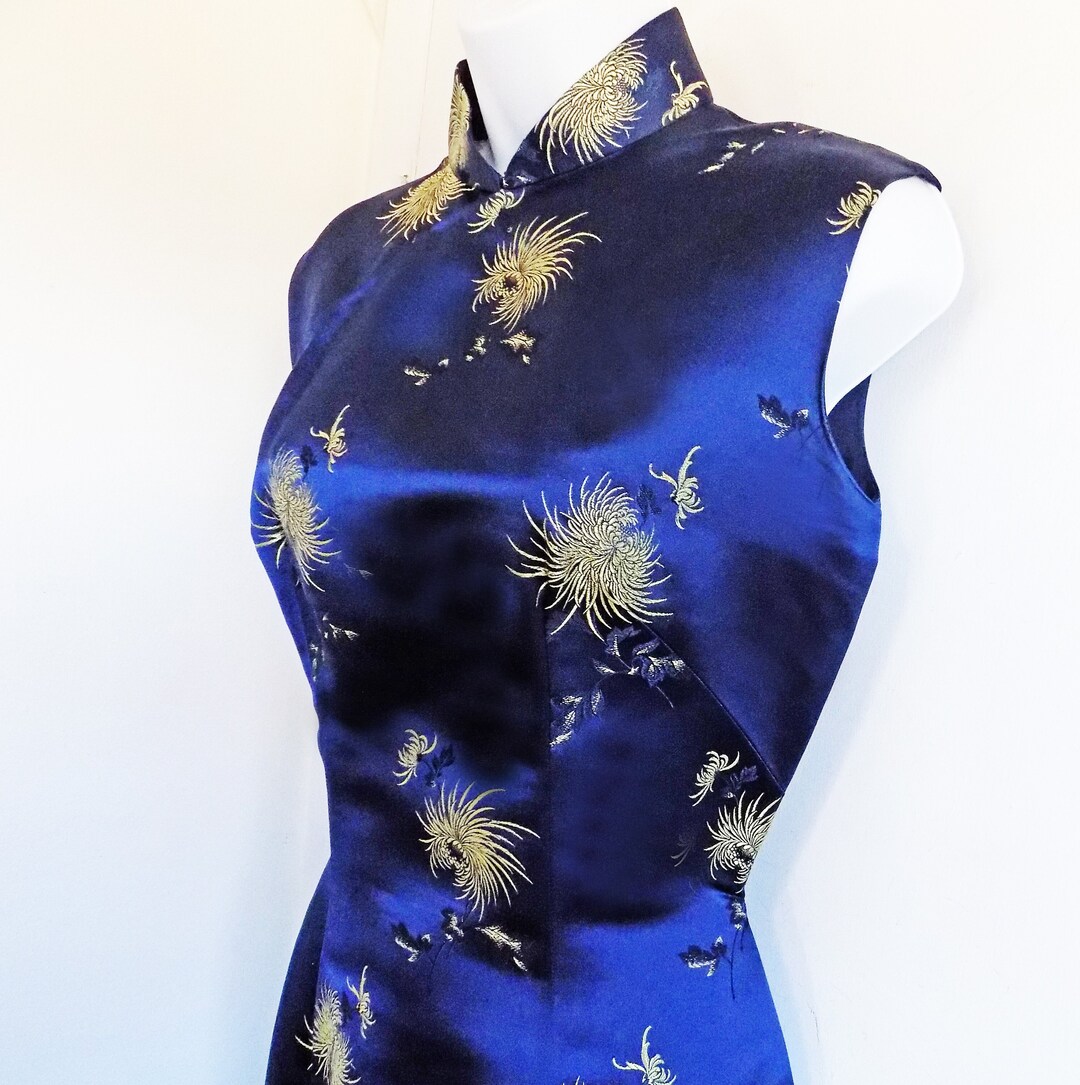 1950s-60s Cheongsam Set, Dress and Coat in Navy Blue Silk Satin With ...