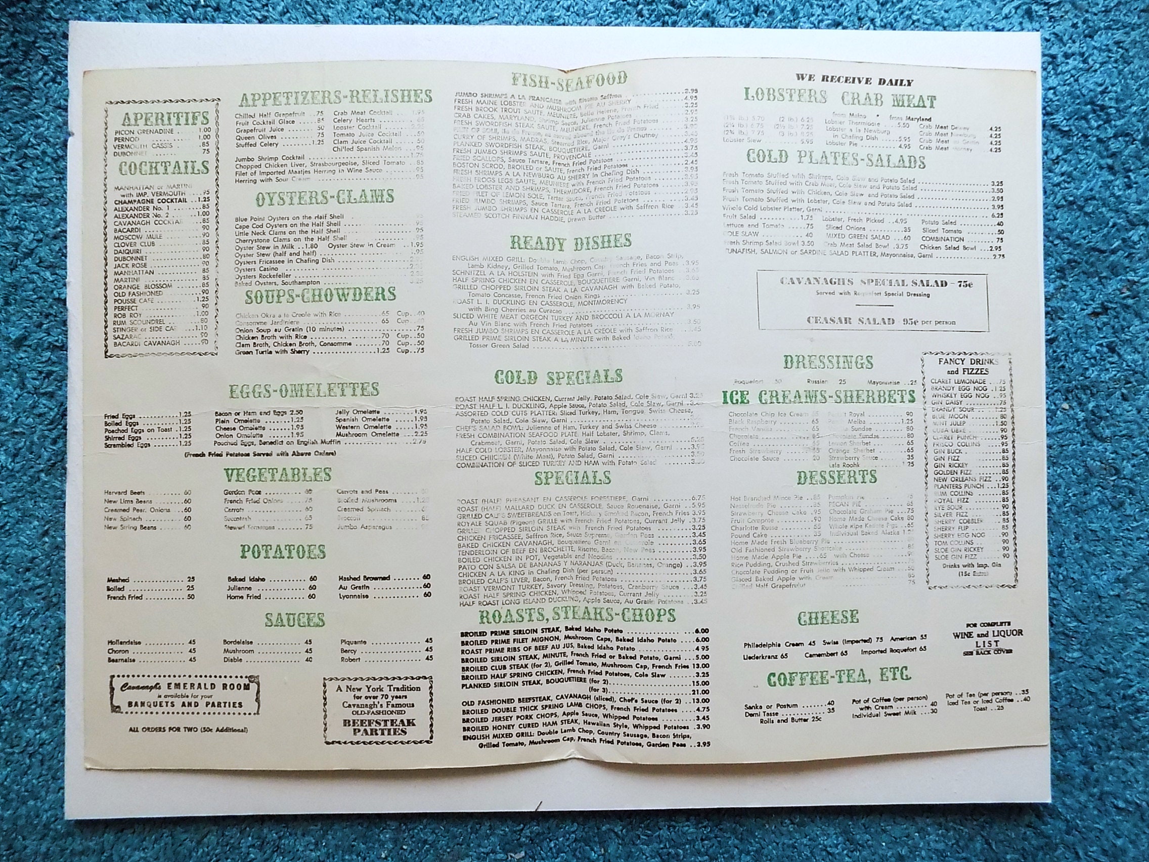 Original 1959 Menu From Cavanagh's Restaurant, West 23rd St, NYC, Cover ...