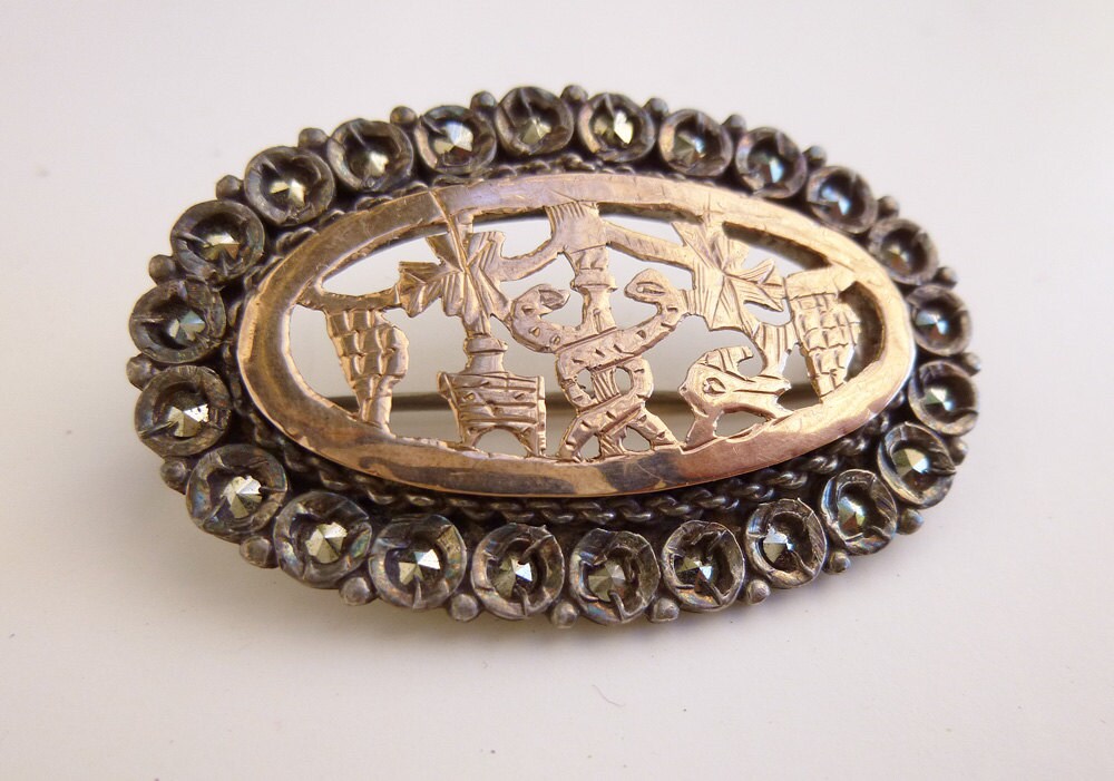 Antique Silver 10k Gold and Marquesite Brooch - Etsy