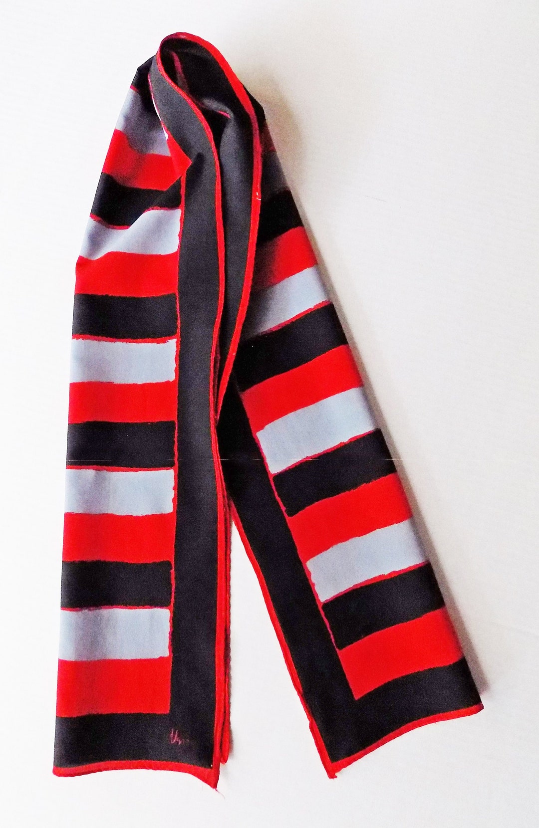 1950s-60s VERA Scarf in Red, Black, and Grey / Silk / 45" X 10" - Etsy