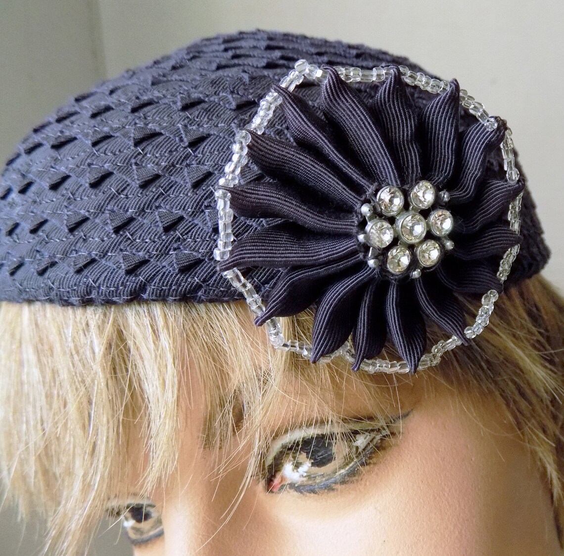 1920s-40s Hat With Bead and Rhinestone Flourish / Scull Cap / | Etsy