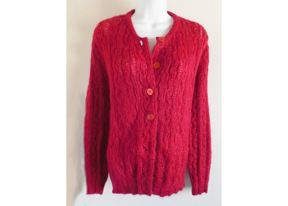 1950s CLASSIC red wool cardigan! Cable stitch /Donna … - Gem