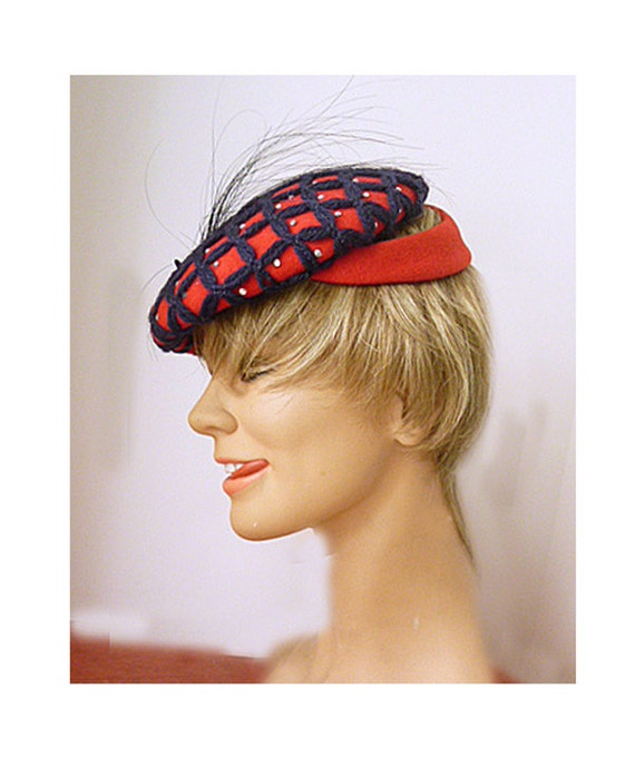 1950's Red and Black Wool LUCY Hat With Feather and - Etsy