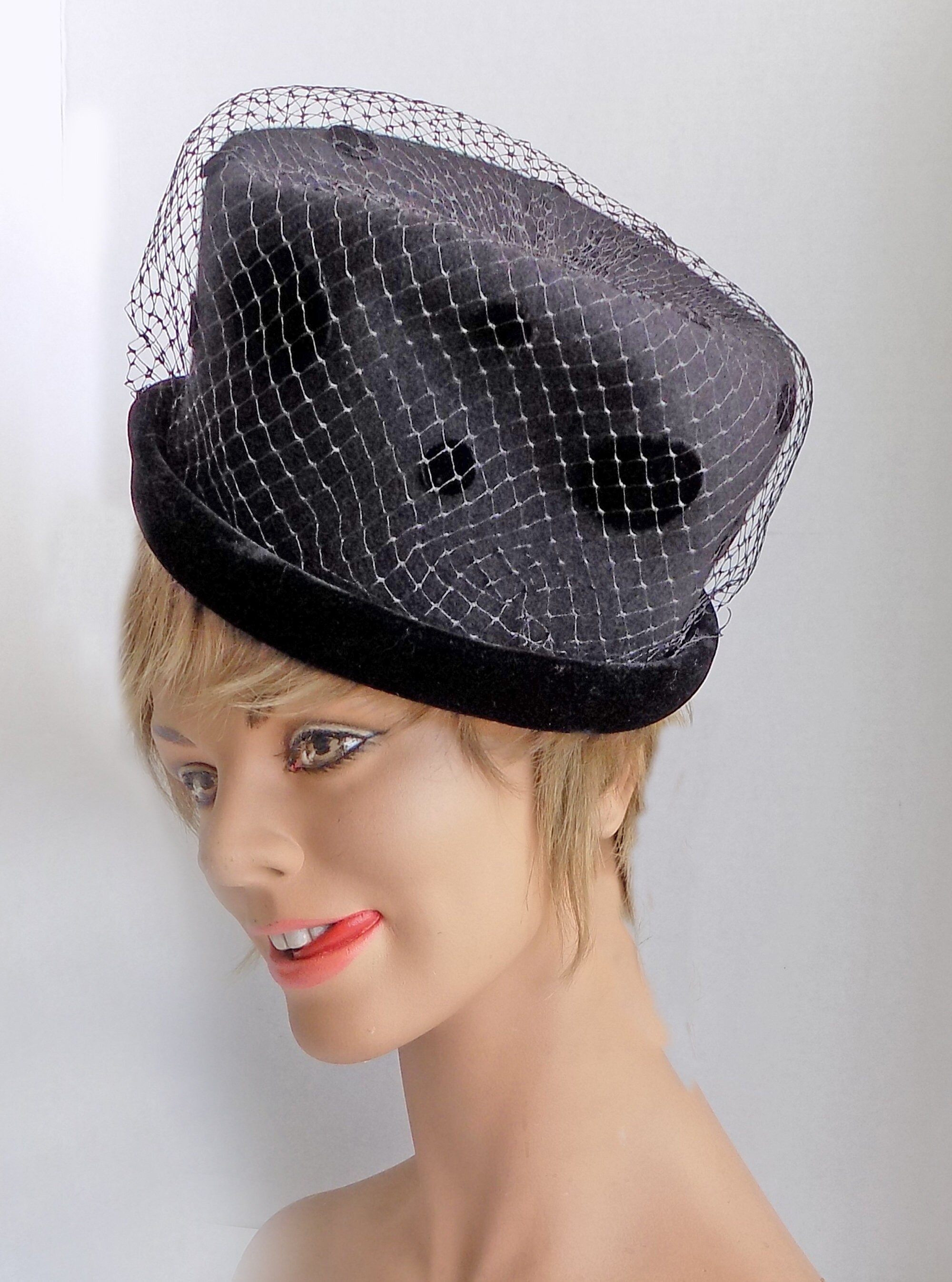 1960s MOD Bowler / Bubble Hat With Velvet Polka Dots and Netting ...