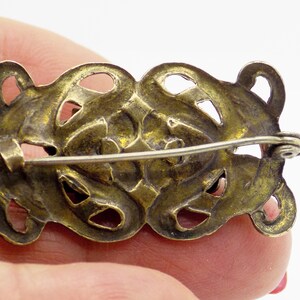 1900s Art Nouveau Brooch With Green Glass Gem, Stamped Metal, Brass, C ...