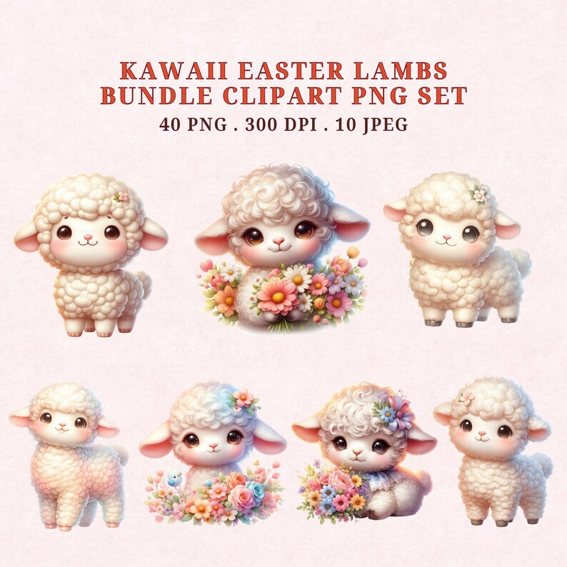 Easter Lamb Clipart Bundle, Pastel Kawaii Lambs (PNG JPG) Commercial ...