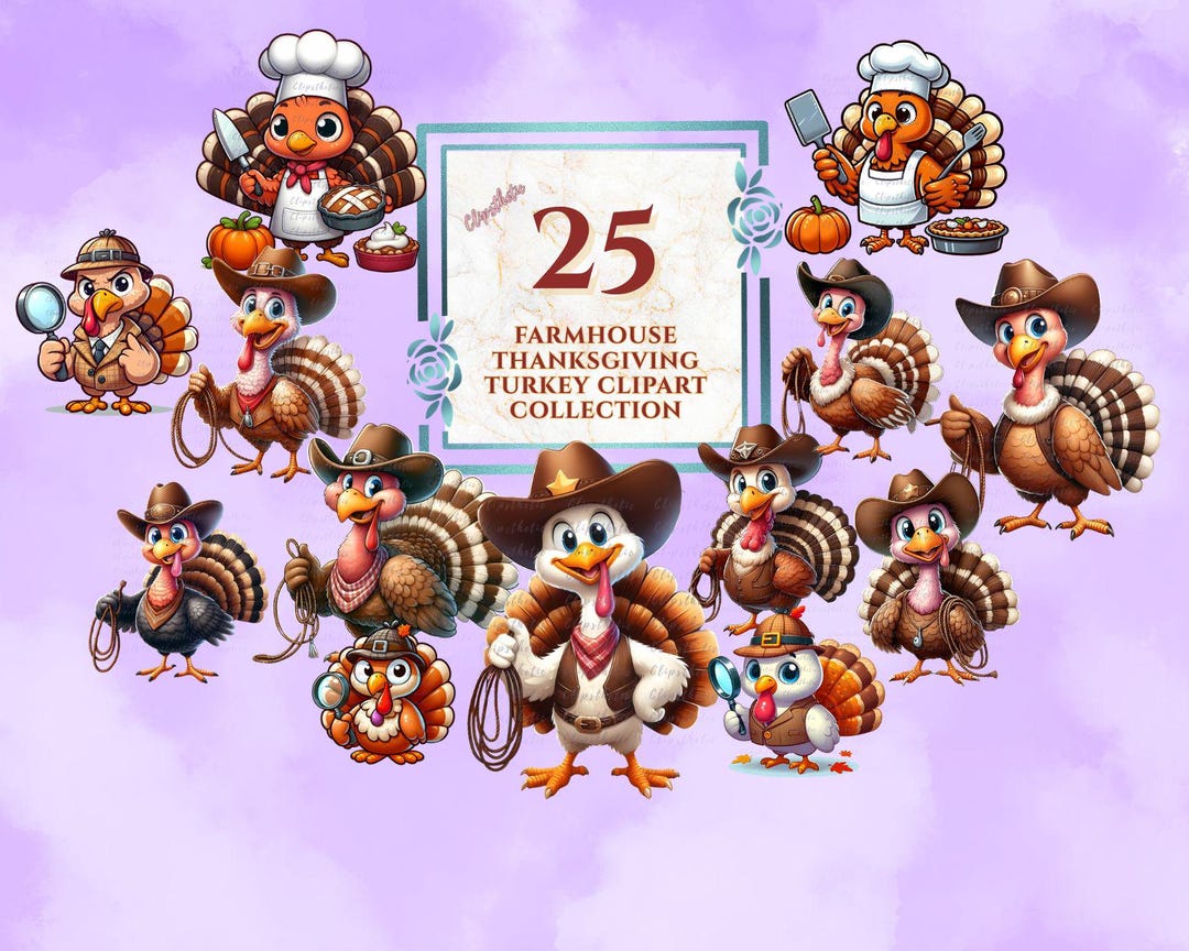Thanksgiving Turkey Clipart PNG Bundle, Cowboy, Chef, Pilgrim Turkeys ...