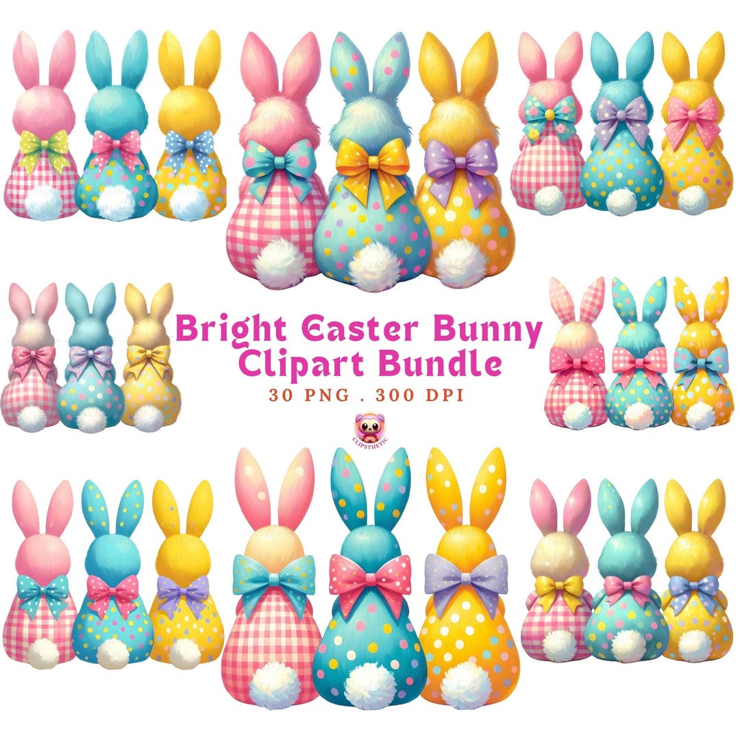 Easter Bunny PNG Bundle 30 Designs, Colorful Patchwork Rabbits Clipart ...