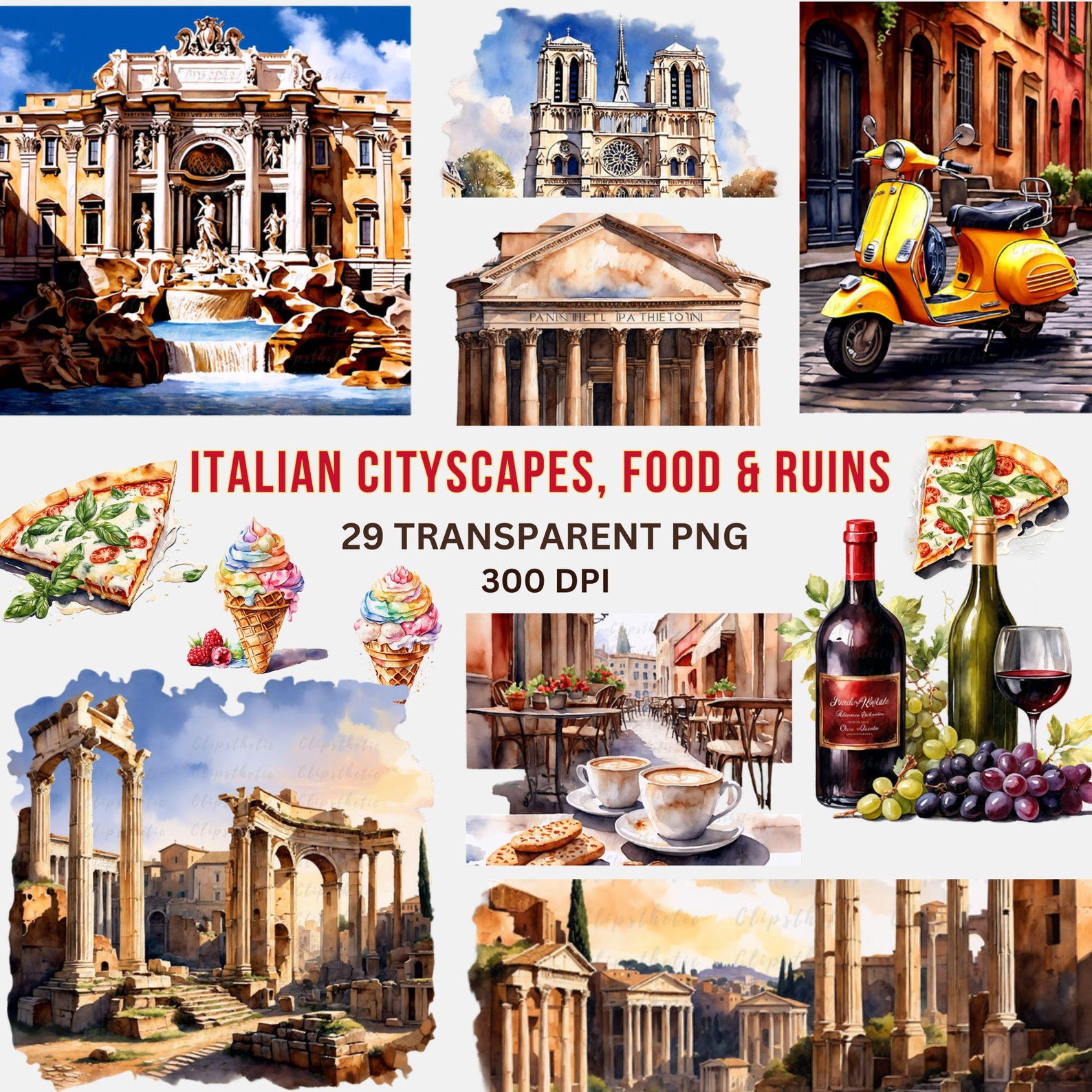 Rome Clipart Bundle 29 PNG, Italy Landmarks, Watercolor Travel Art ...