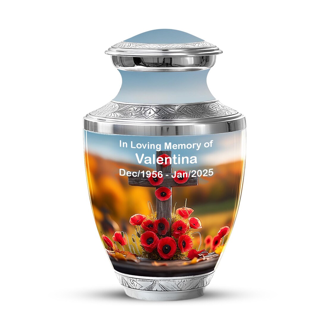 Christian Cross Cremation Urn for Ashes – Poppy Flowers Memorial Urn ...
