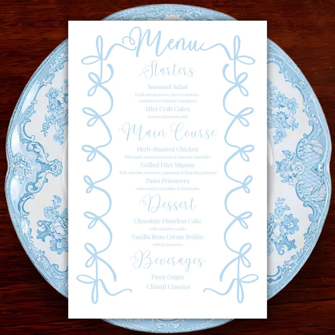 Baby Blue Custom Handwritten Dinner Menu | Whimsical Bows Hand Drawn ...
