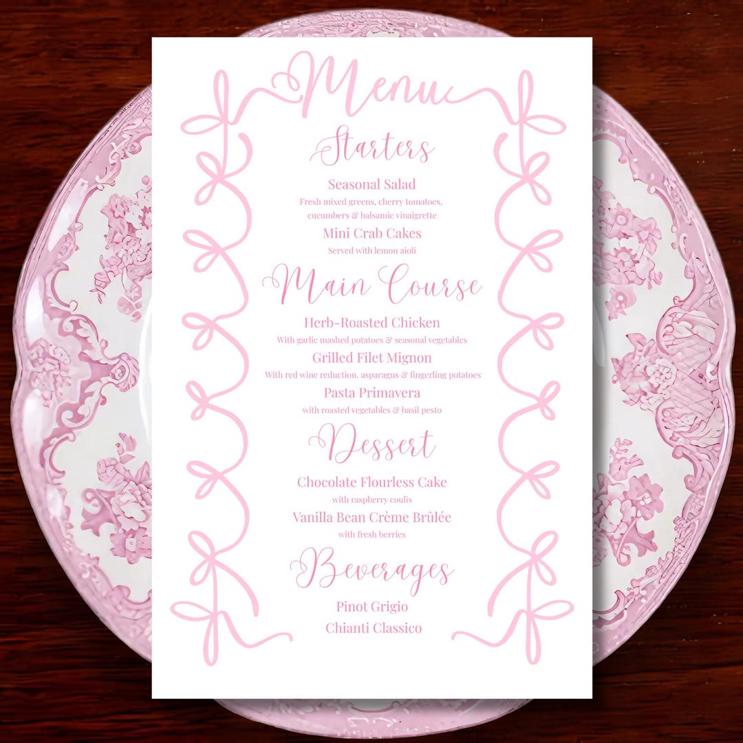 Blush Pin Custom Handwritten Dinner Menu | Whimsical Bows Hand Drawn ...