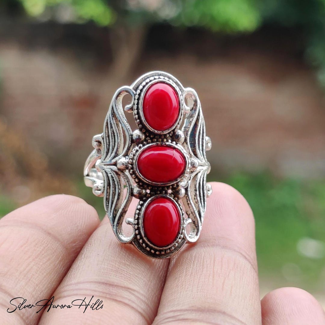 Red Coral Sterling Silver Ring - Handmade Gemstone Statement Ring - Etsy