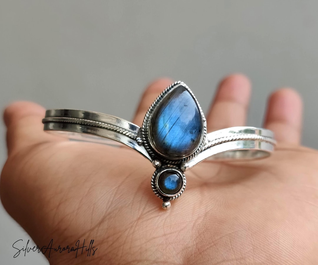 Labradorite Sterling Silver Bangle: Adjustable Crown Design, Boho ...