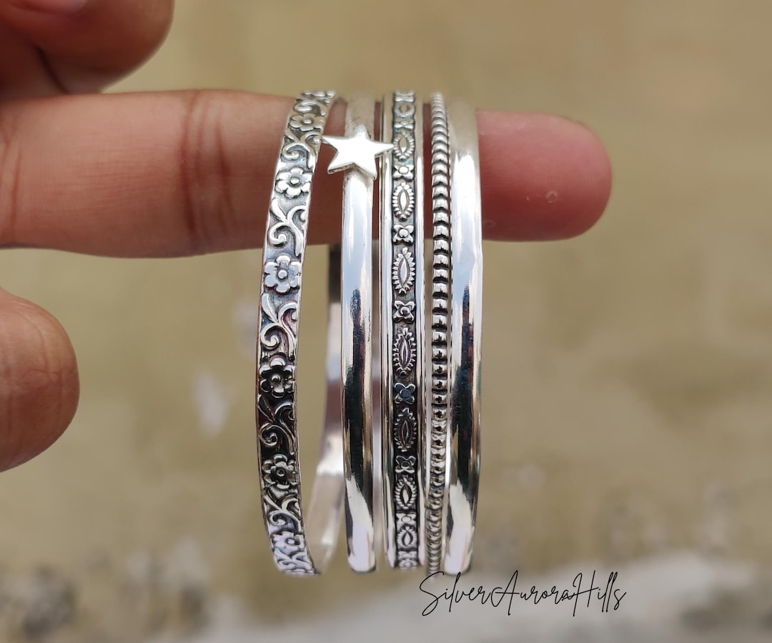 Handmade Sterling Silver Bangle Set - Stackable Oxidized Bangles - Etsy