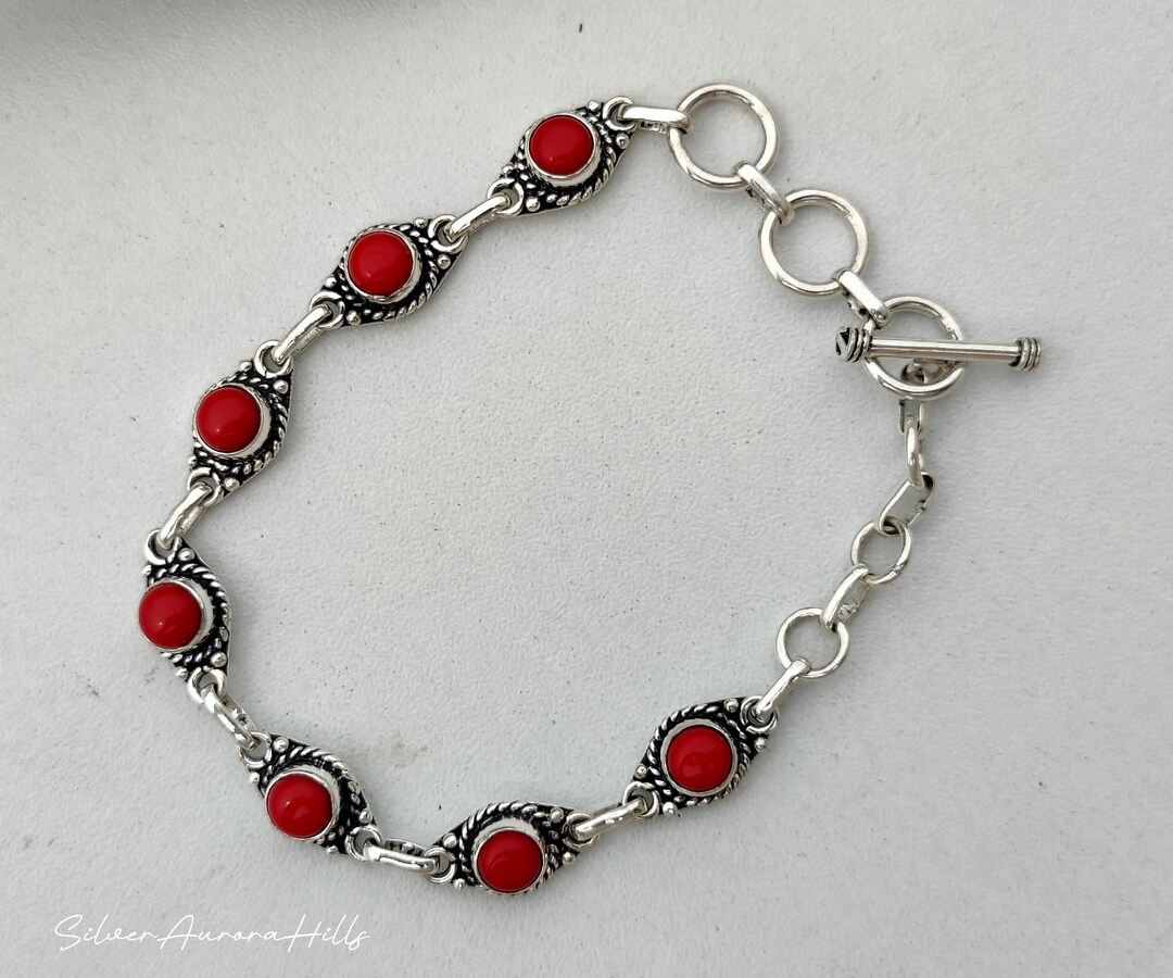 Handmade Red Coral Sterling Silver Bracelet: Gemstone Jewelry - Etsy