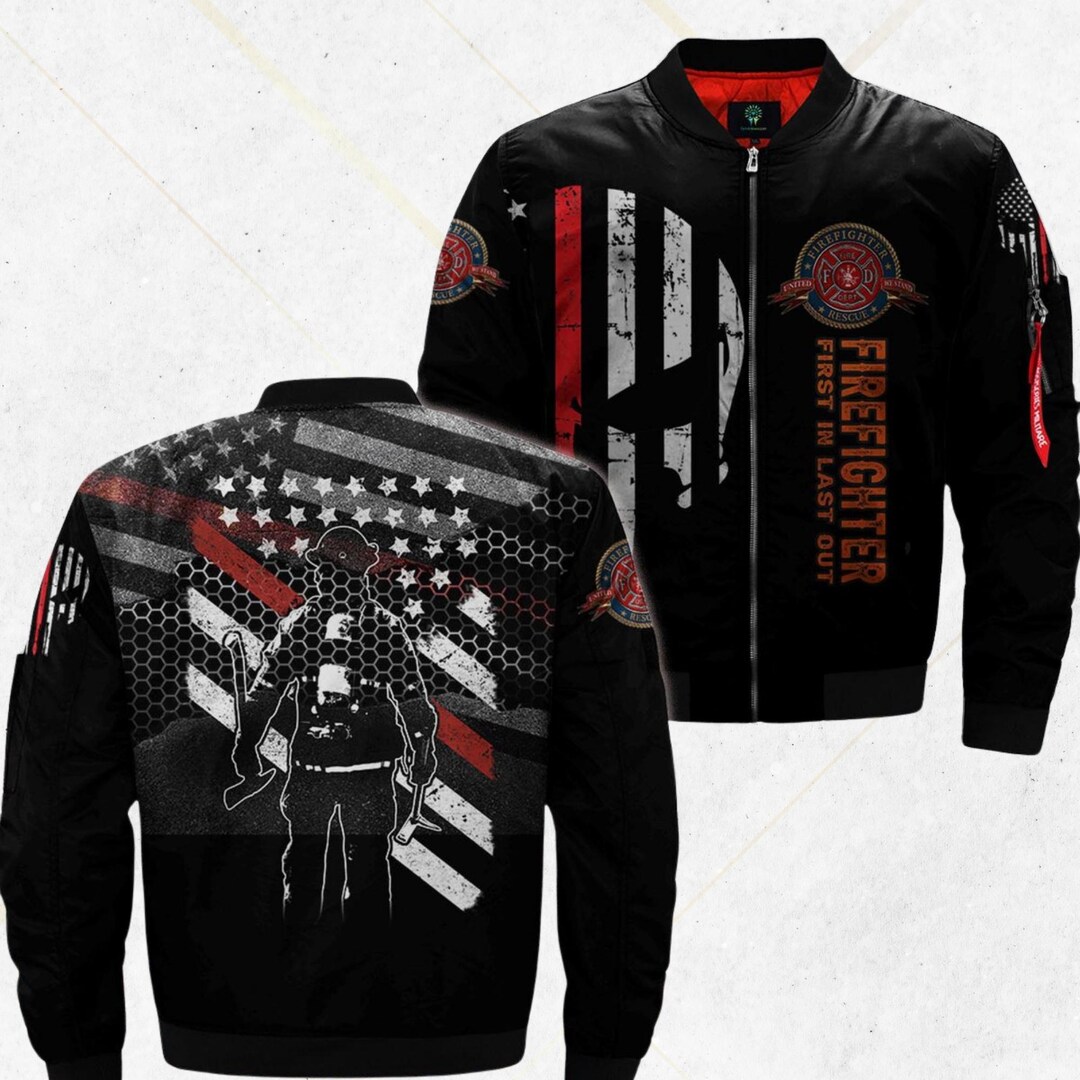 Firefighter Bomber Jacket: Black & Red Flag Crest - Unisex First ...