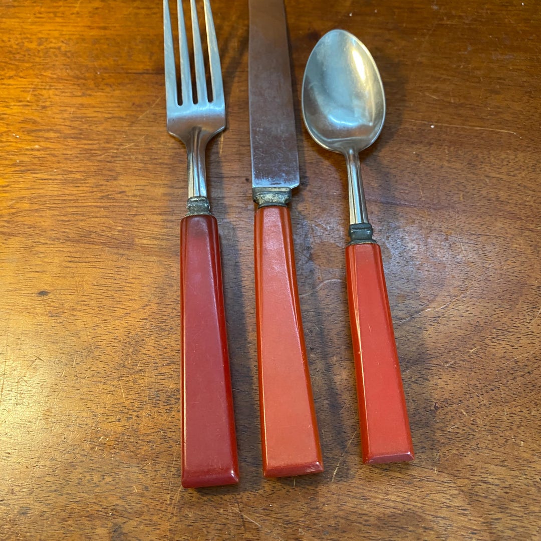Vintage Silverware Set With Red Handles Likely Bakelite, Old Red ...