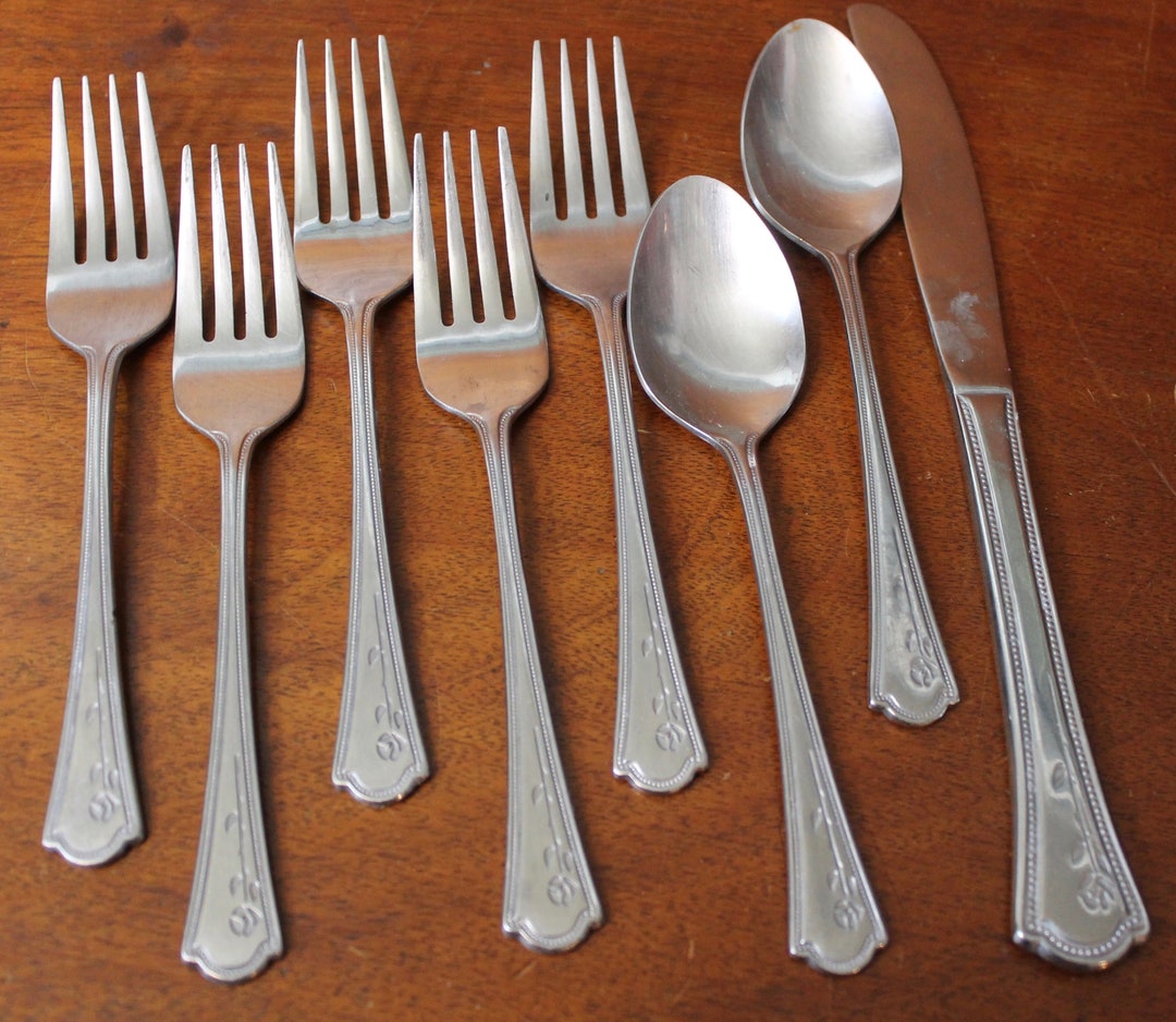 BEADED Salad Forks | Embossed ROSE | Vintage Flatware | Stainless ...