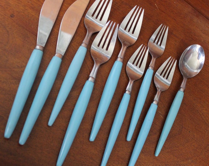 Vintage Castle Flatware | Aqua Blue Plastic Handle | Mid-century Modern ...