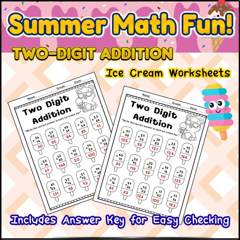 Summer Math Fun! Two-digit Addition Ice Cream Worksheets - Etsy