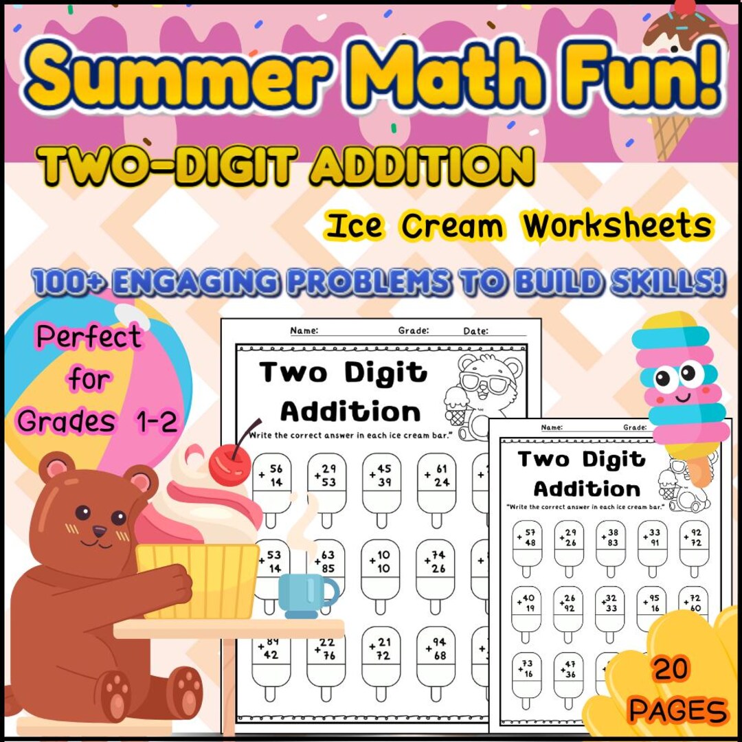 Summer Math Fun! Two-digit Addition Ice Cream Worksheets - Etsy