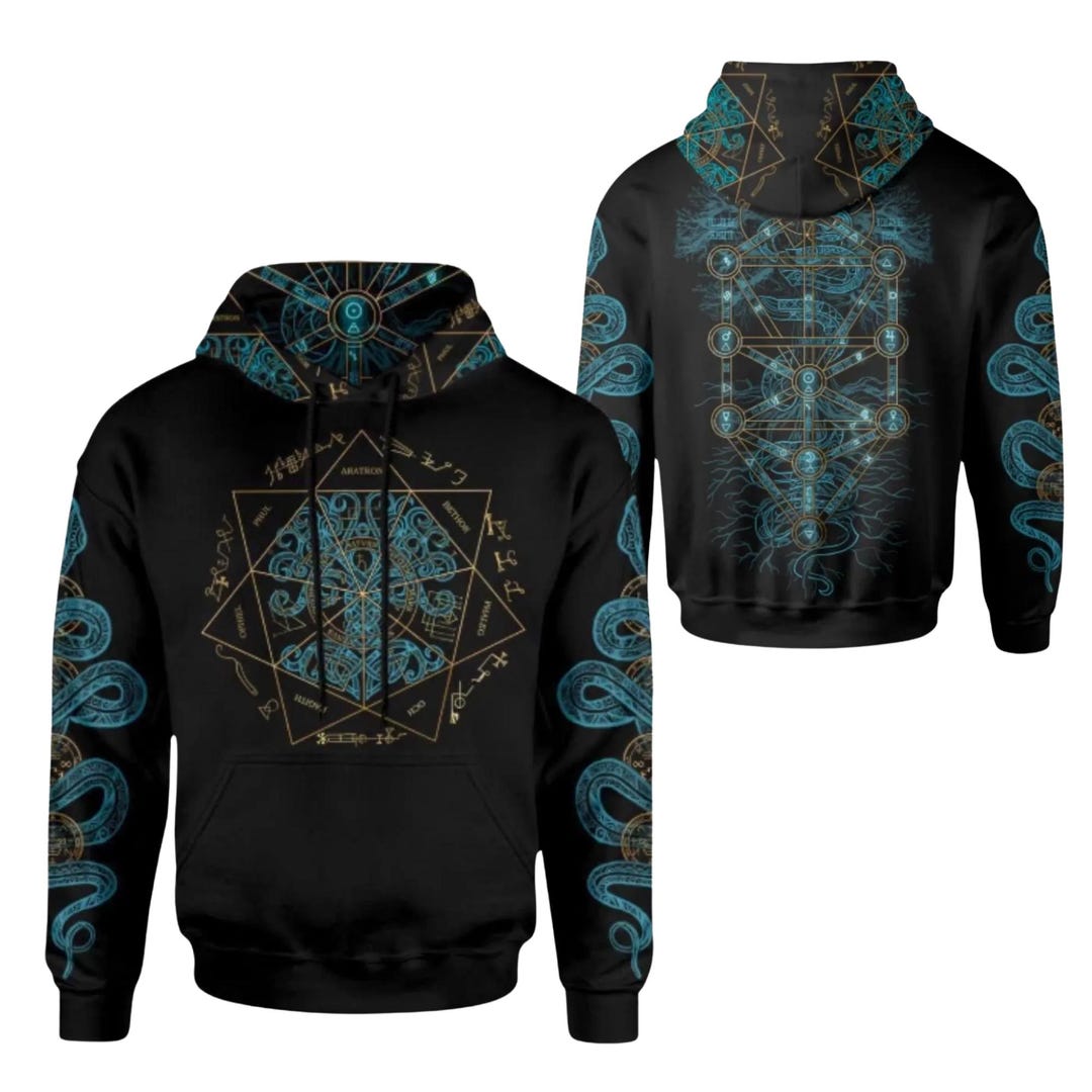 Mystic Sacred Geometry Hoodie, Black Teal Gold Occult Alchemy Sigil ...