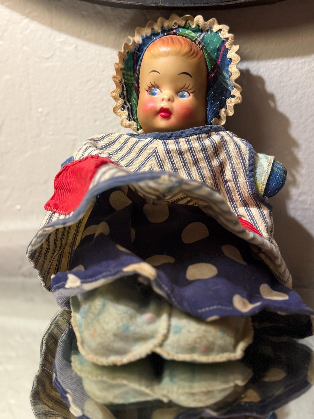 Vintage Creepy Cute Cloth Doll W/ Plastic Face + Bonnet | Patchwork ...