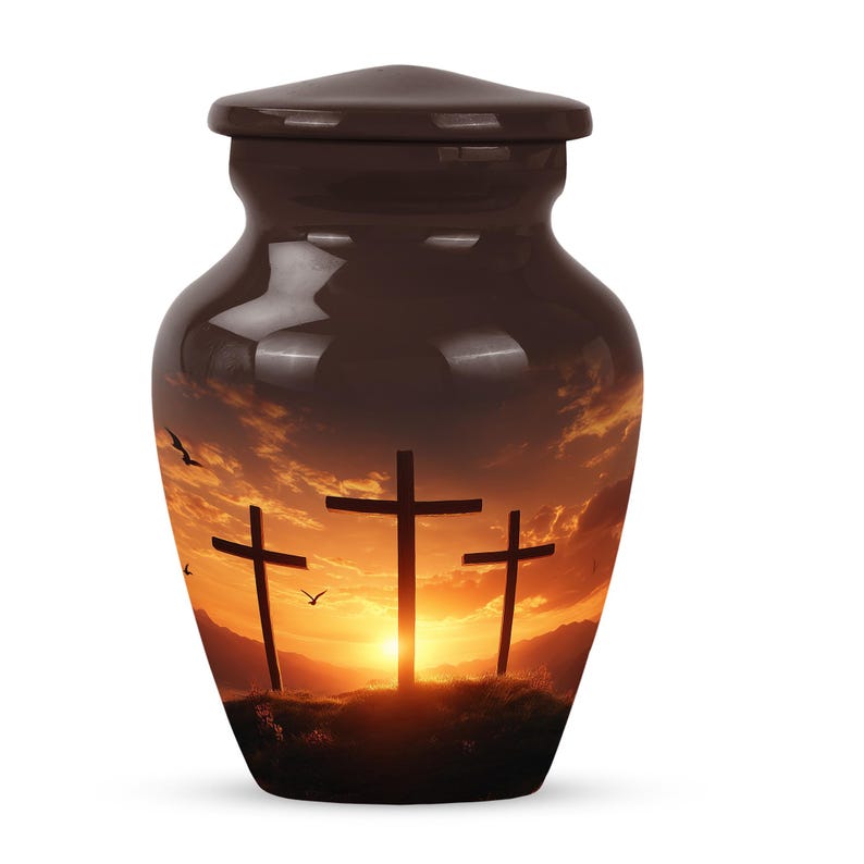 Three Cross Christian Cremation Urn for Ashes, Personalized Sunset ...