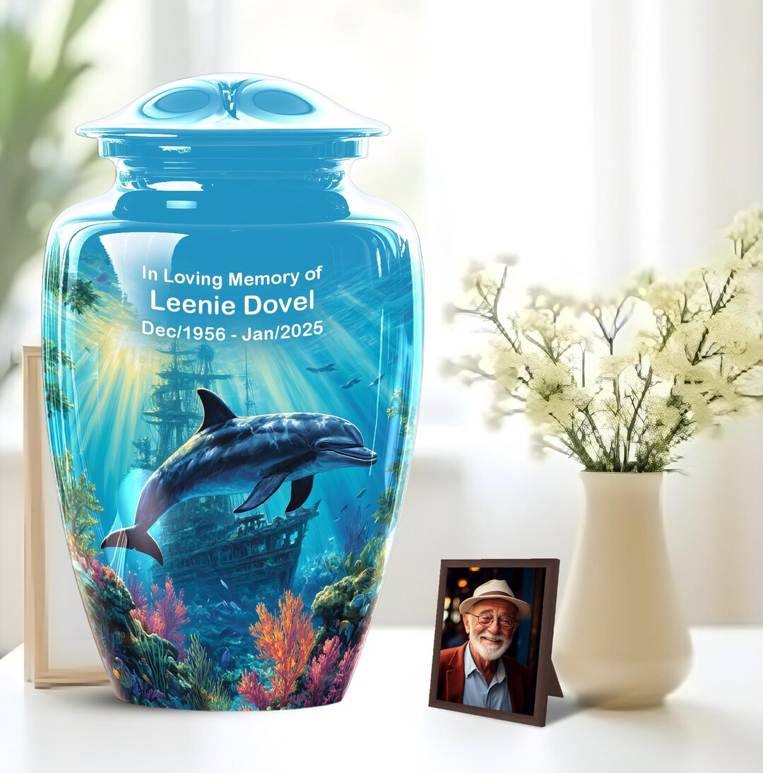 Dolphin Urn, Underwater Memorial Blue Urn for Ashes, Adult Size Funeral ...