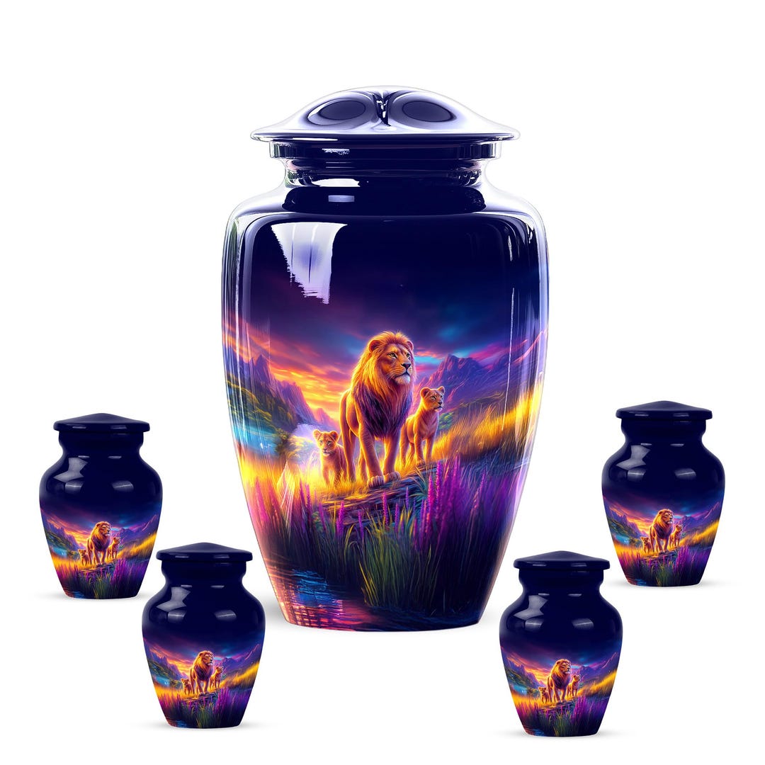 Lion Family Urn for Ashes, Custom Memorial Urn, Lioness & Cubs, Sunset ...