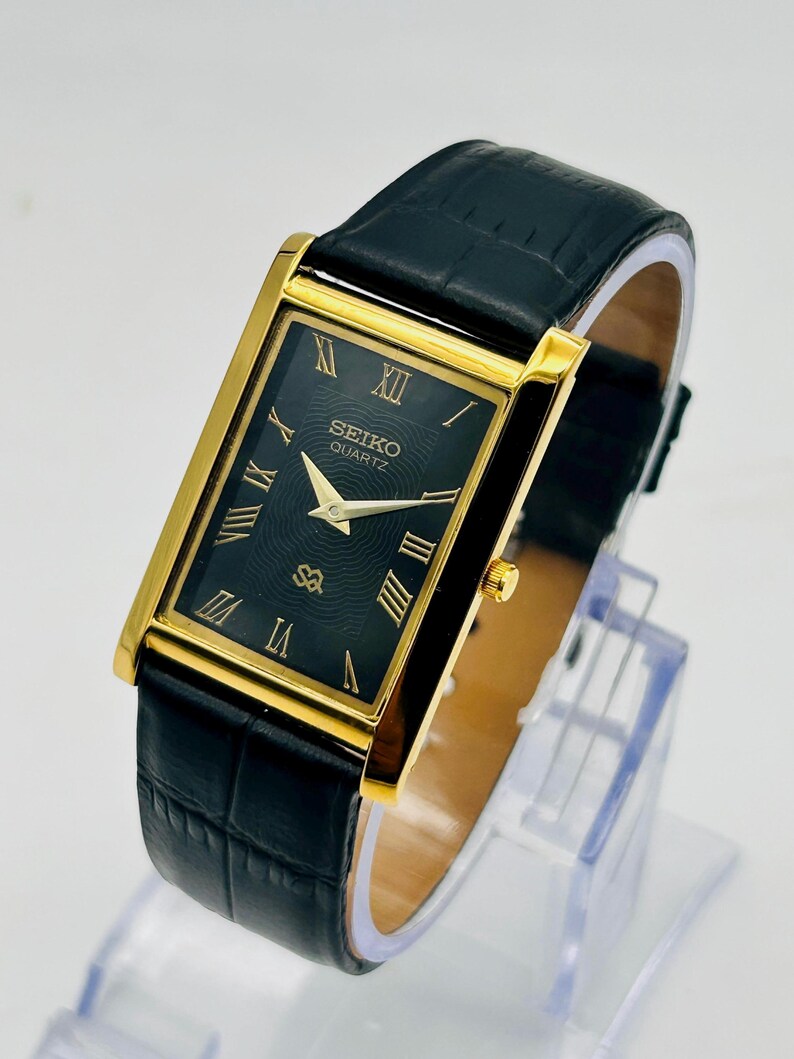 Vintage Seiko Quartz Tank Watch: Black Leather, Gold Plated - Etsy