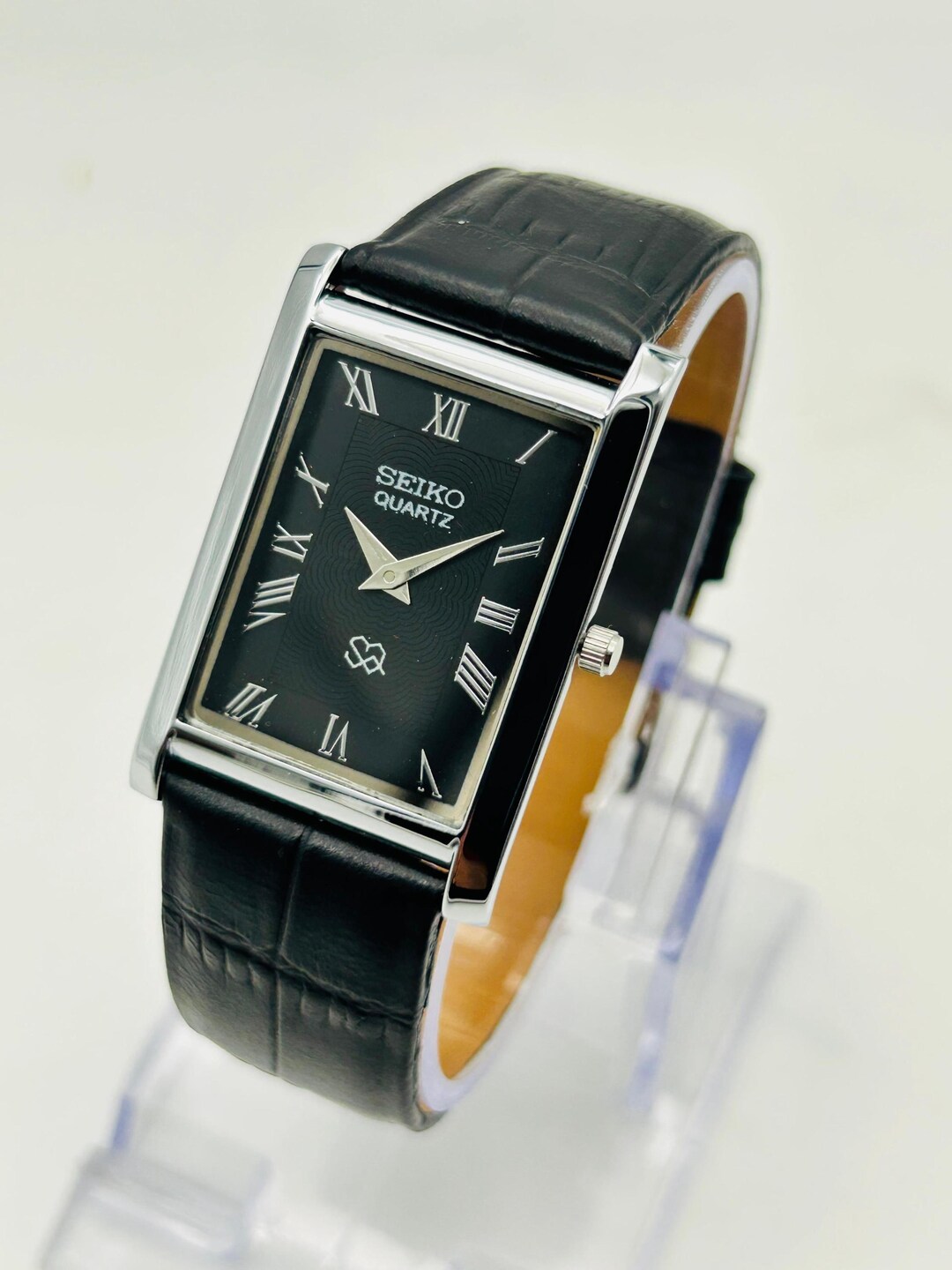 Vintage Seiko Quartz Tank Watch: Black Dial, Leather Band - Etsy