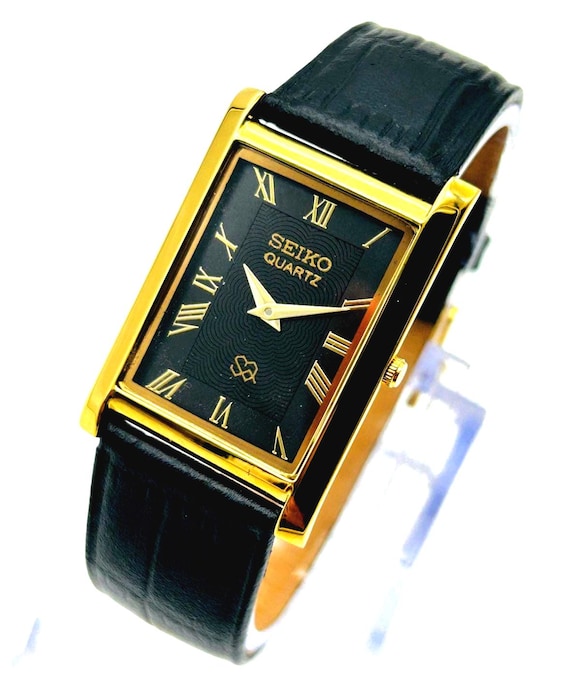 Vintage Seiko Quartz Tank Watch: Black Leather, Gold … - Gem