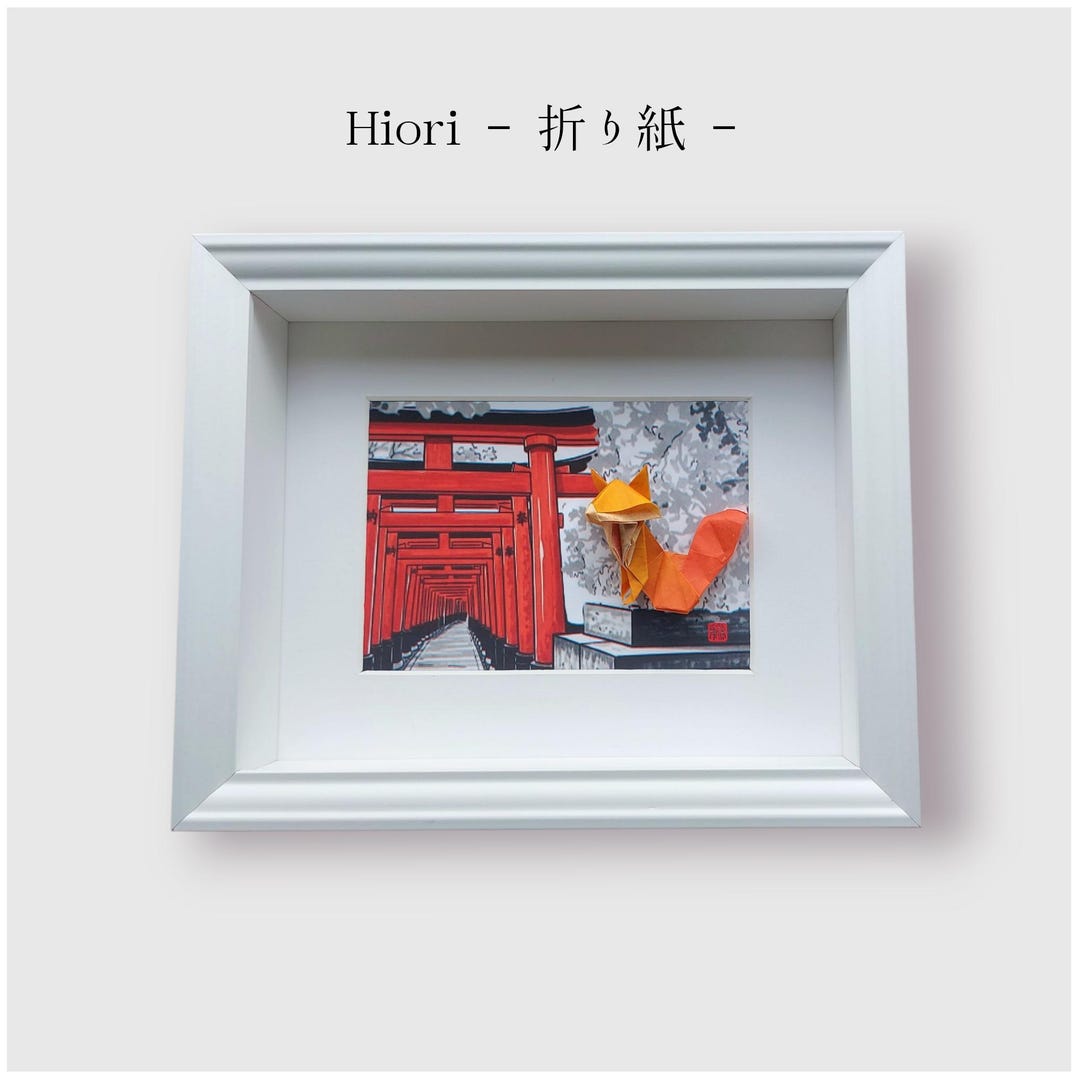 3D Origami Art - Origami Fox(kitsune) at Shrine in Frame - Sumi-e Style ...