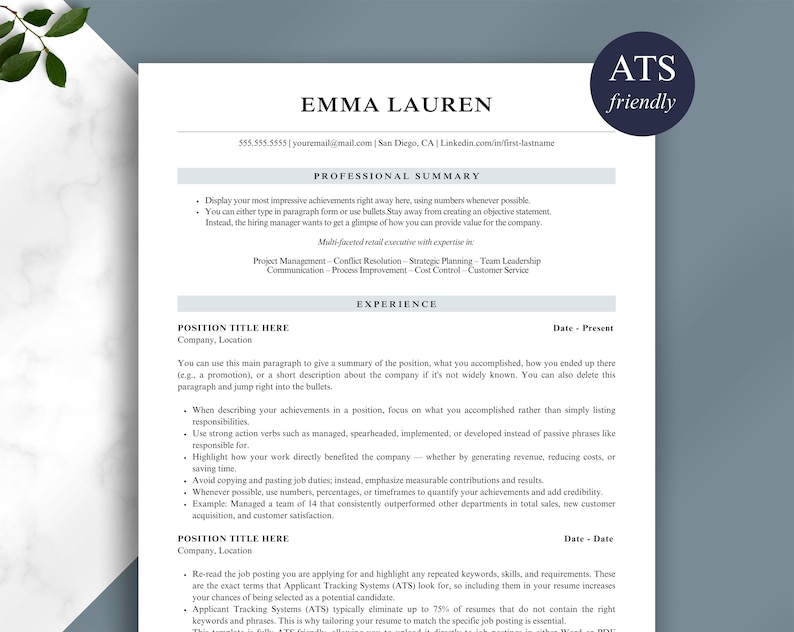 ATS Friendly Resume Template for Word, Canva and Pages Resume, ATS ...